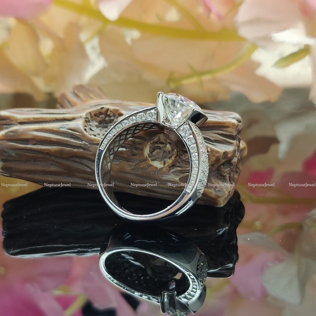 14K Solid White Gold CVD Diamond Ring/ 3ct Round Cut Moissanite ...