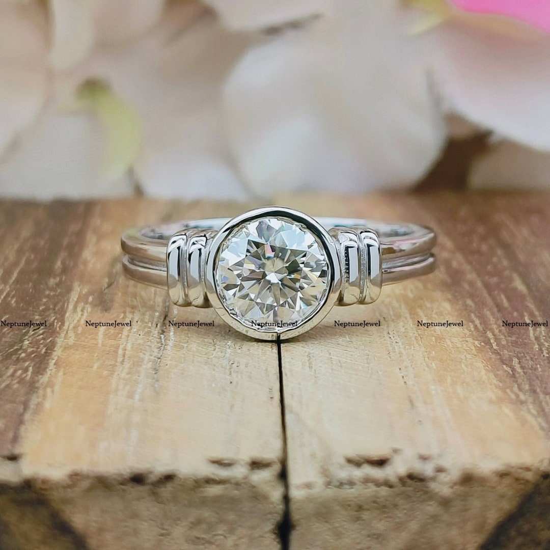 Lady Captain Ring / 1.50 CT Round Cut Bezel Set Solitaire Ring/ 7.5mm ...