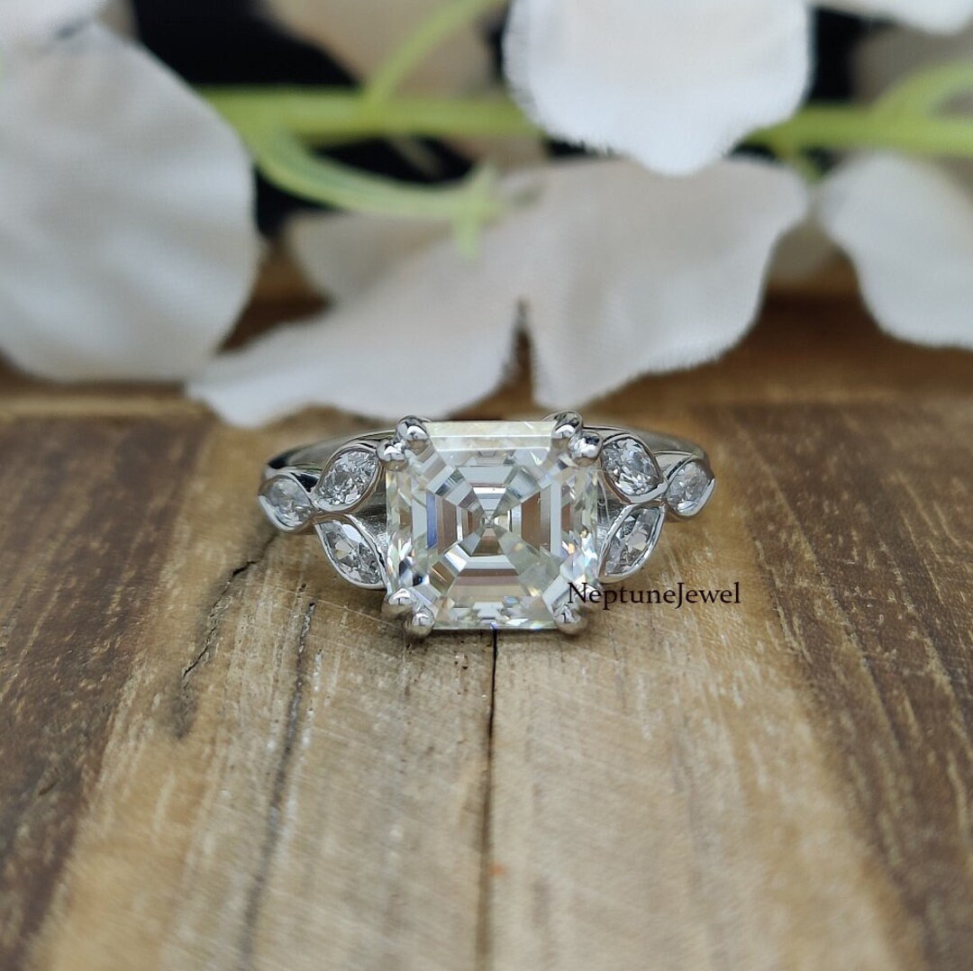 Asscher Cut Moissanite With Side Stone Bezel Set Marquise Engagement ...