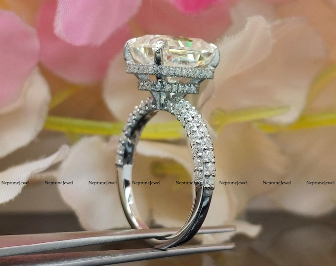 5ct Radiant Cut Gold Moissanite Ring/ 925 Silver Double Hidden Halo Simulated CZ Engagement Ring ...