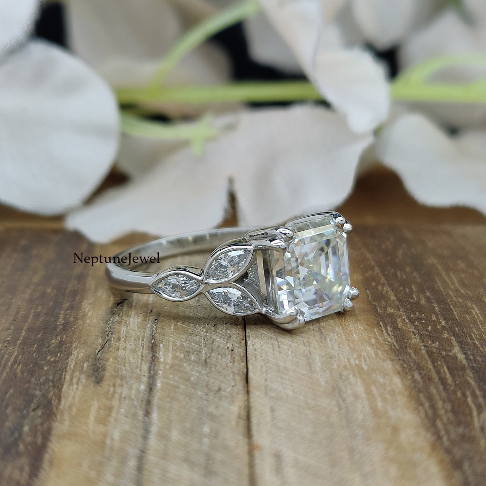 Asscher Cut Moissanite With Side Stone Bezel Set Marquise Engagement ...