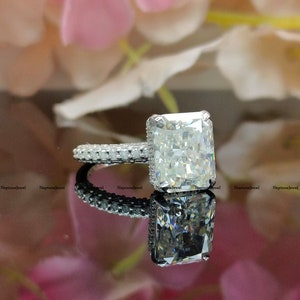 5ct Radiant Cut Gold Moissanite Ring/ 925 Silver Double Hidden Halo Simulated CZ Engagement Ring ...