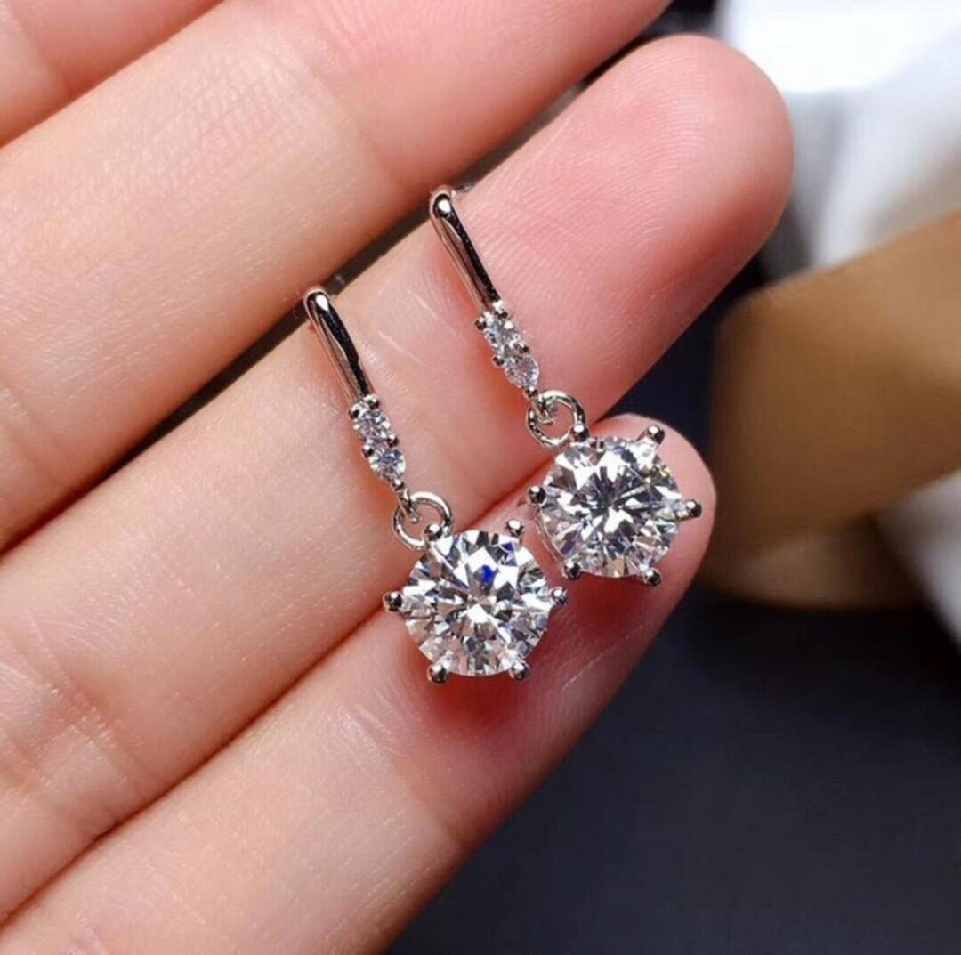 Gorgeous Round Cut Moissanite Dangle & Drop Earring / 2 CT Round Cut ...