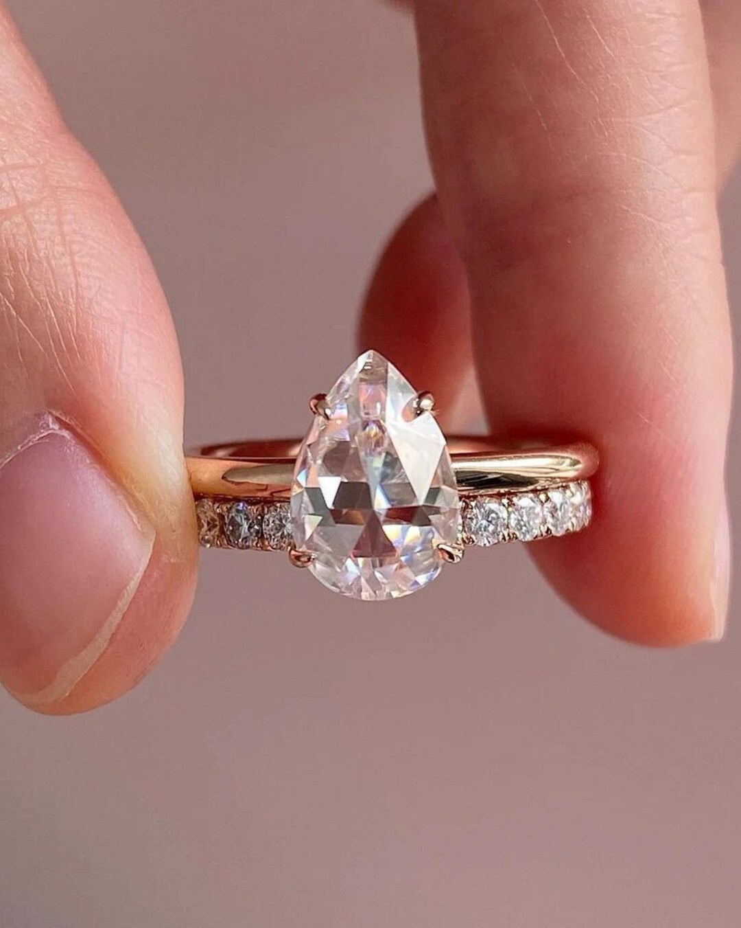 4 Prong Rose Cut Pear Solitaire Ring With Round Cut All Moissanite Band ...