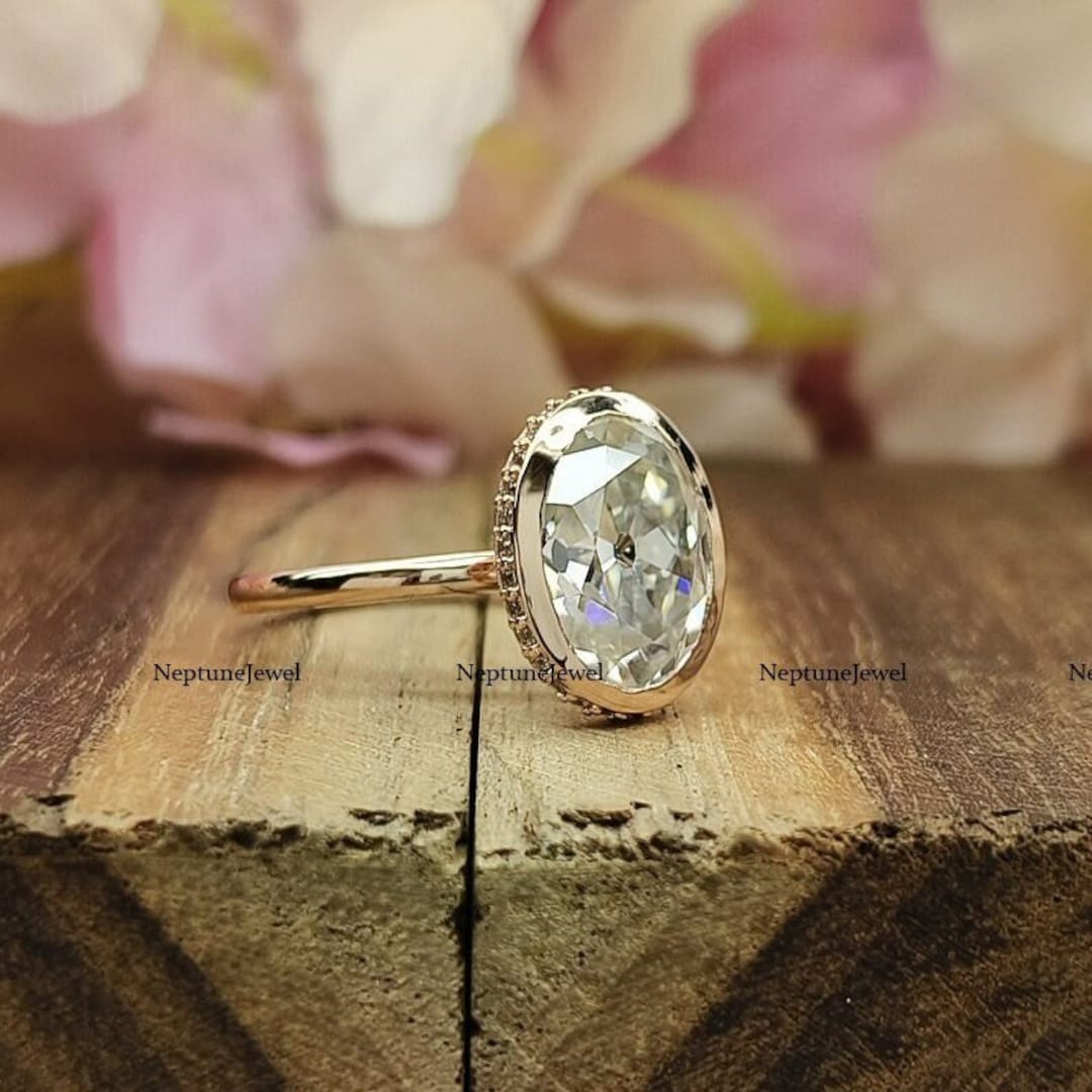 14K Gold OEC Oval Cut Moissanite Bezel With Hidden Halo Set Engagement ...