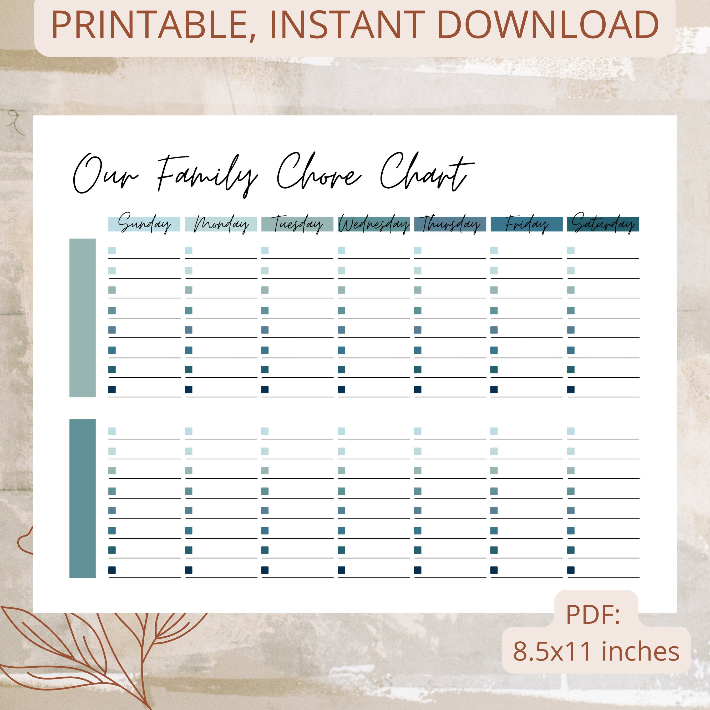 Two Person Chore Chart, Printable Chore Chart, Family Chore Chart, Blue ...