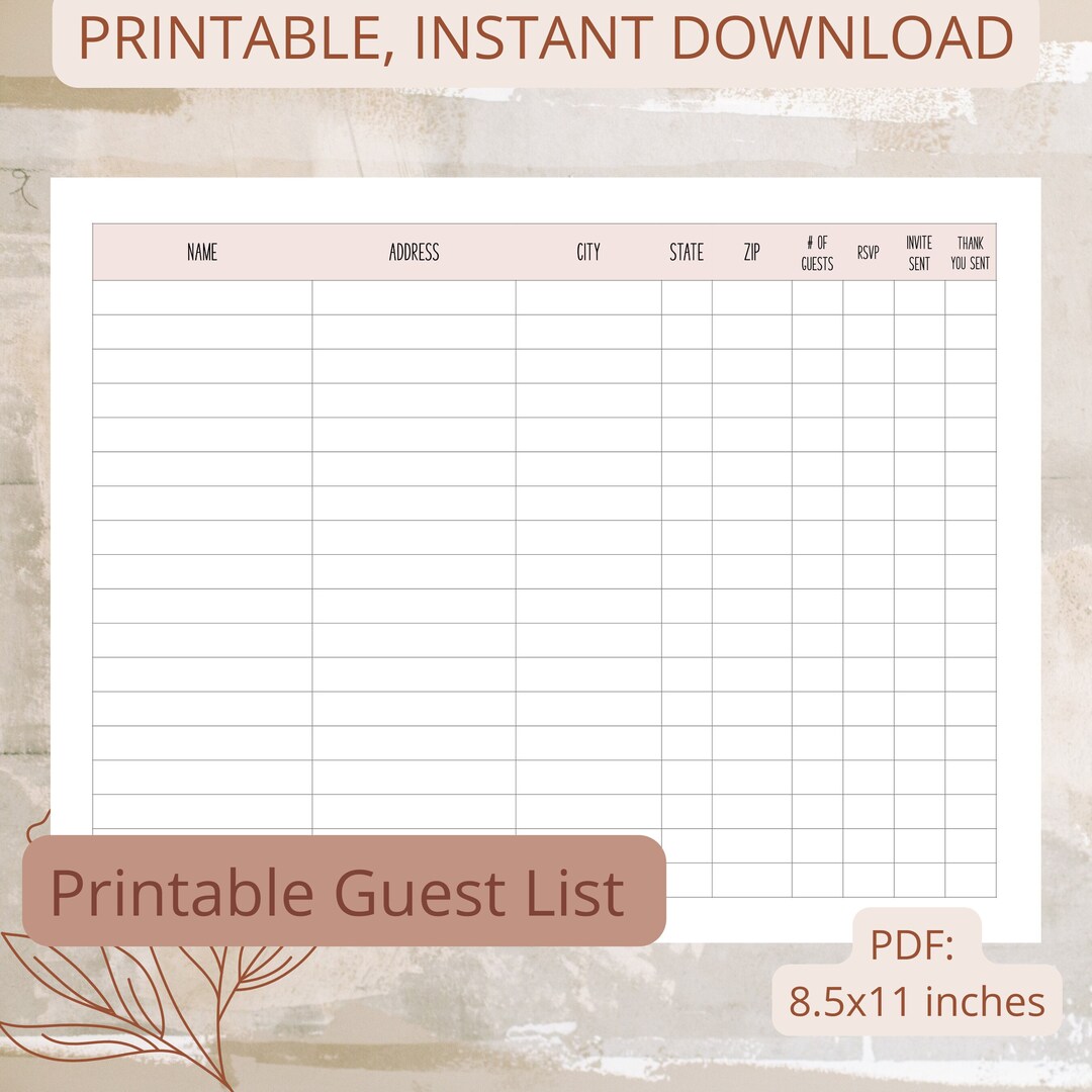 Printable Guest List, Printable Wedding Guest List, Guest List Tracker ...