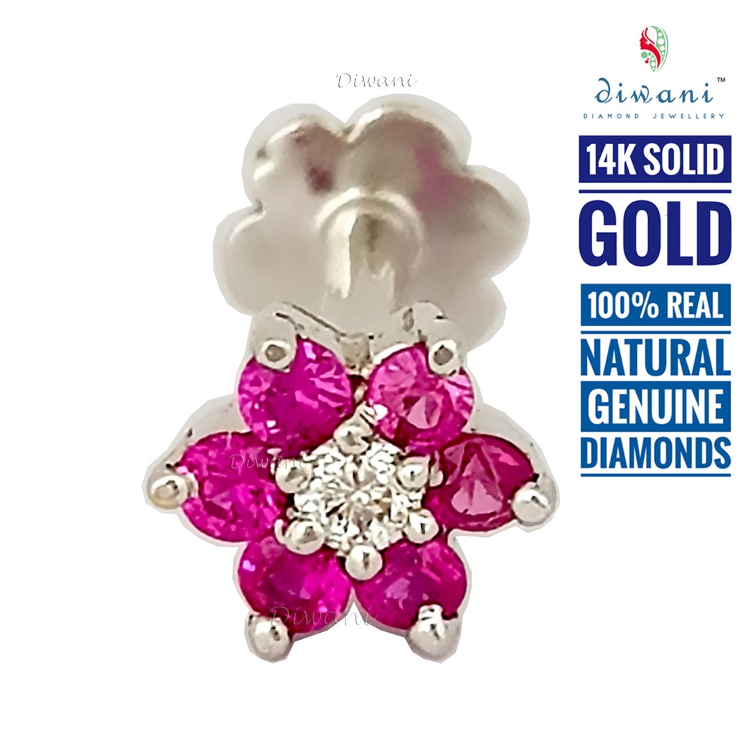 Diwani Natural Beautiful Ruby and Diamond Flower Nose Lip Labret ...