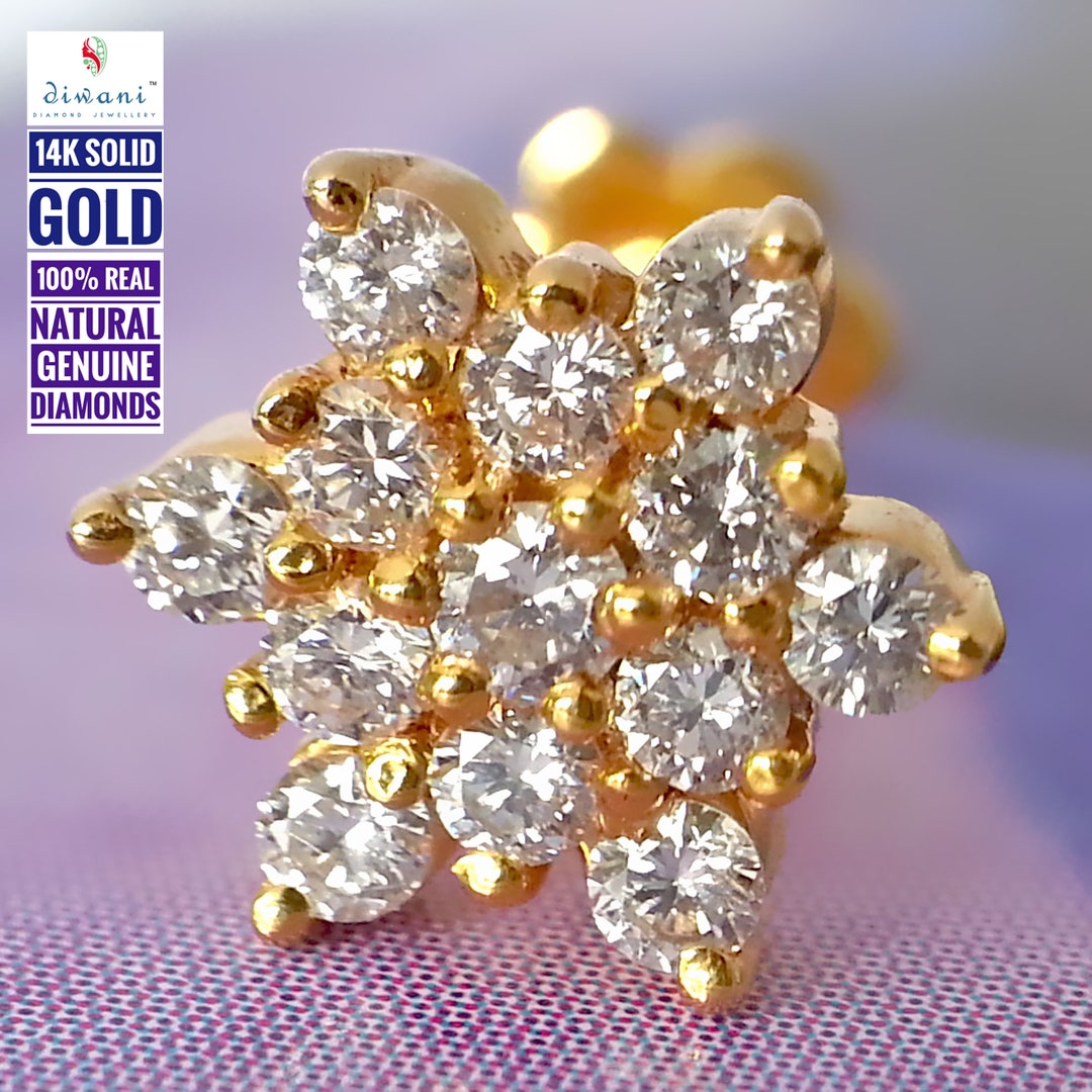 Diwani Natural 0.20 Ct 13 VVS Diamonds Flower Indian Bridal Nose Lip ...