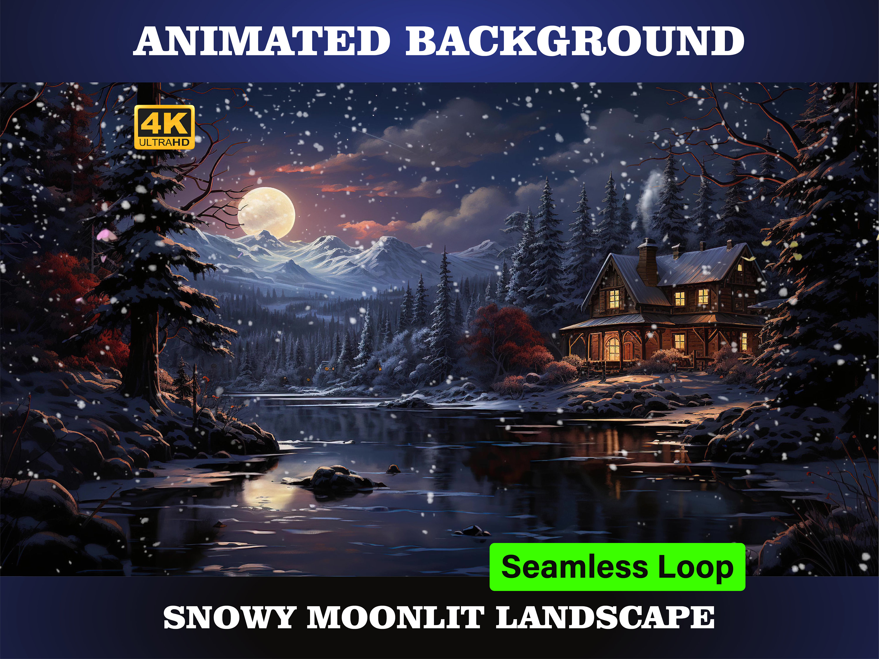 ANIMATED BACKGROUND | Winter Scenery: Moonlit Pond, Cozy Log Cabin ...