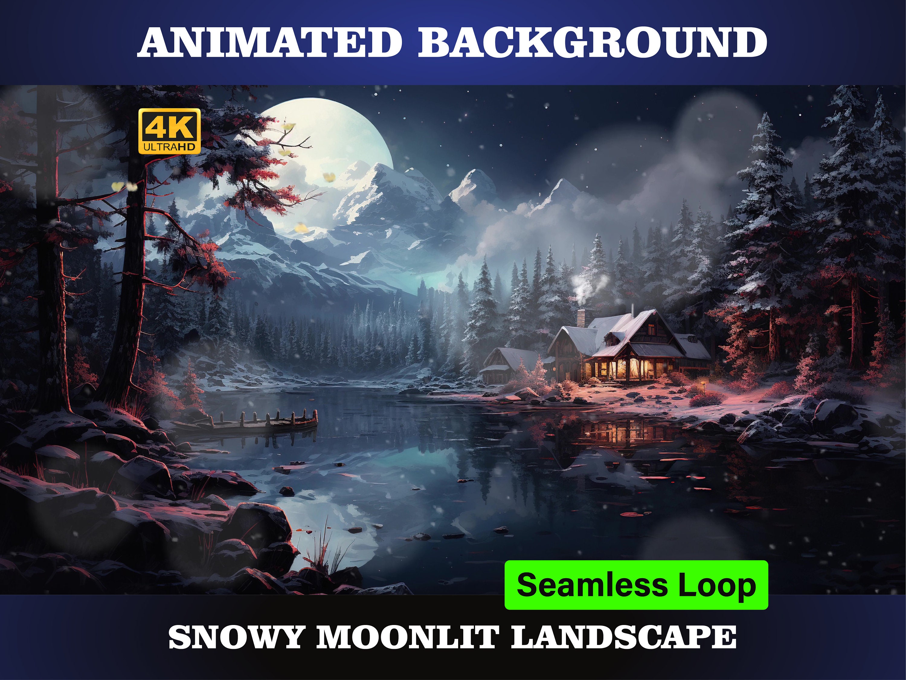 ANIMATED BACKGROUND Winter Scenery: Moonlit Pond, Cozy Log Cabin Lights ...