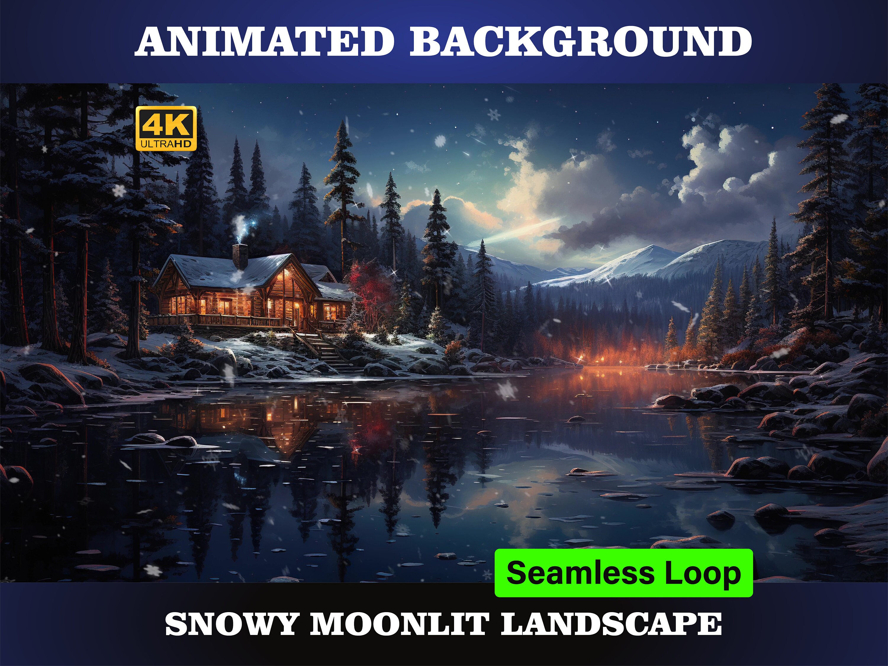 ANIMATED BACKGROUND | Winter Scenery: Moonlit Pond, Cozy Log Cabin ...