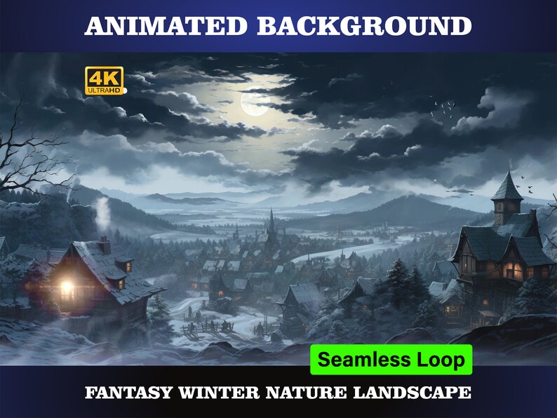 ANIMATED BACKGROUND Idyllic Village Scene With Rolling Snow Hills and ...