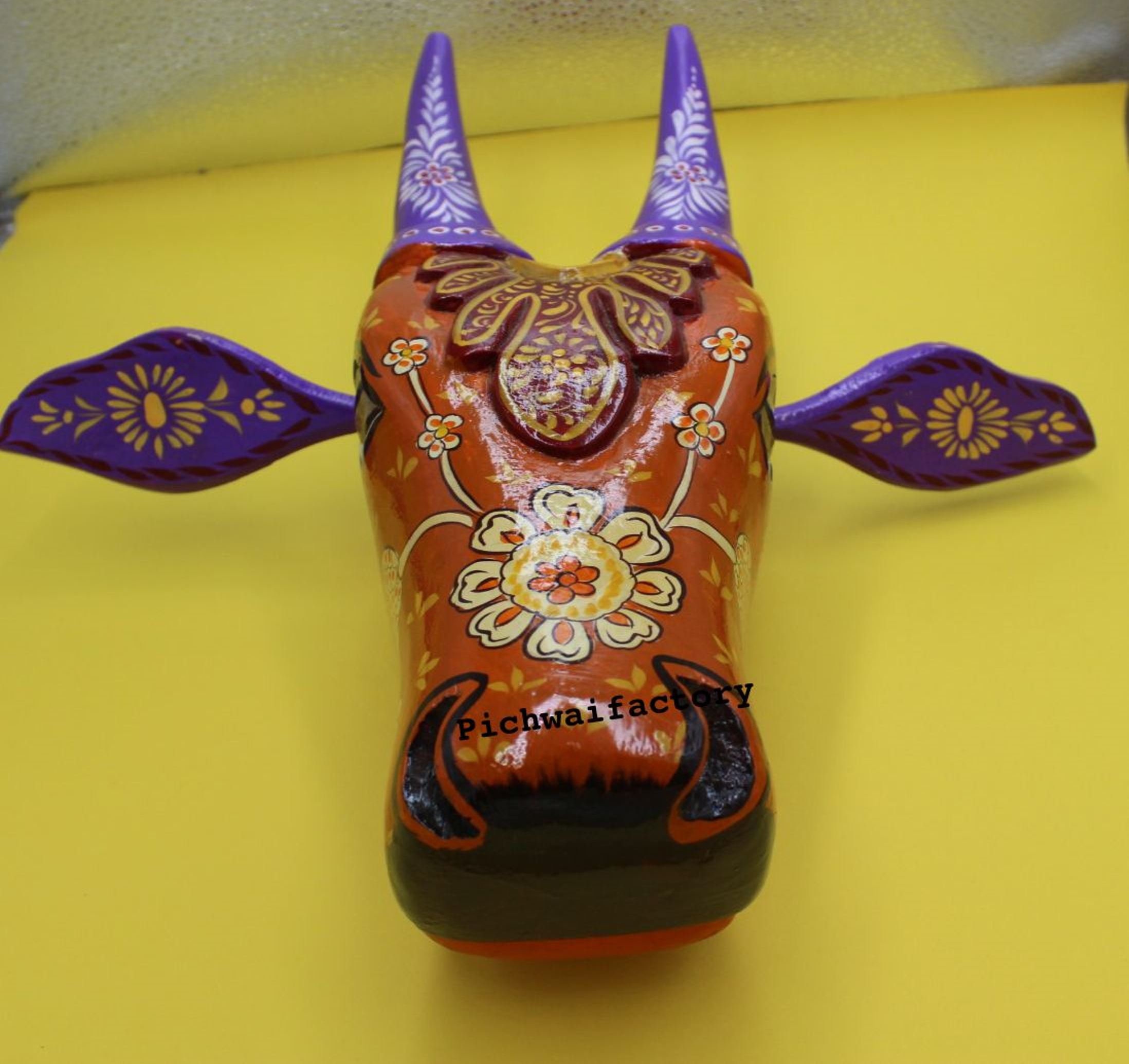 Wood Cow Head Hand Painted Indian Sculpture Entryway Wall - Etsy