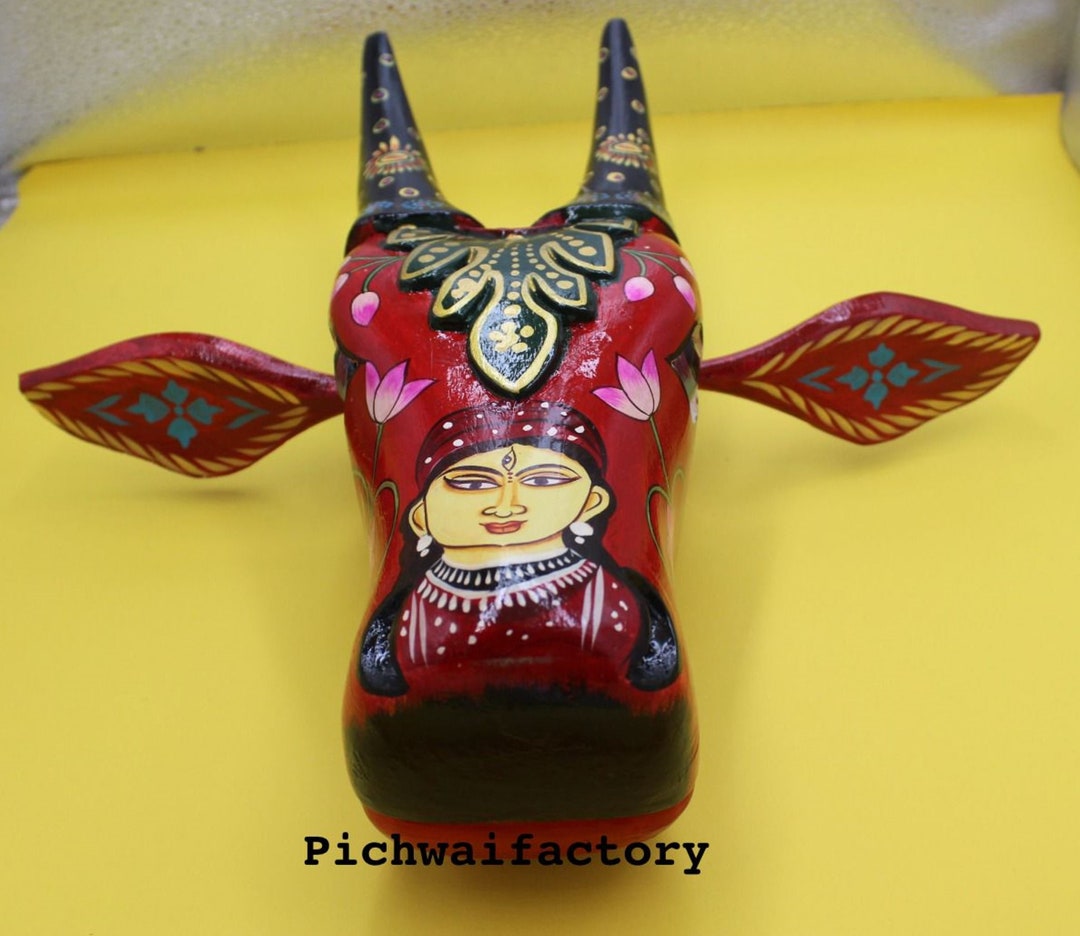 Wood Cow Head Hand Painted Indian Sculpture Entryway Wall - Etsy