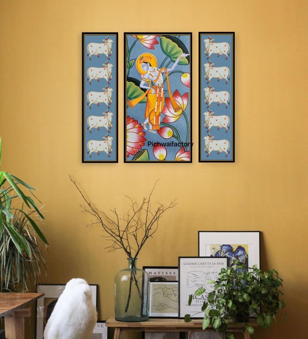 Set of 3 Pichwai Hand Painted Dancing Krishna With Cows Pichwai ...