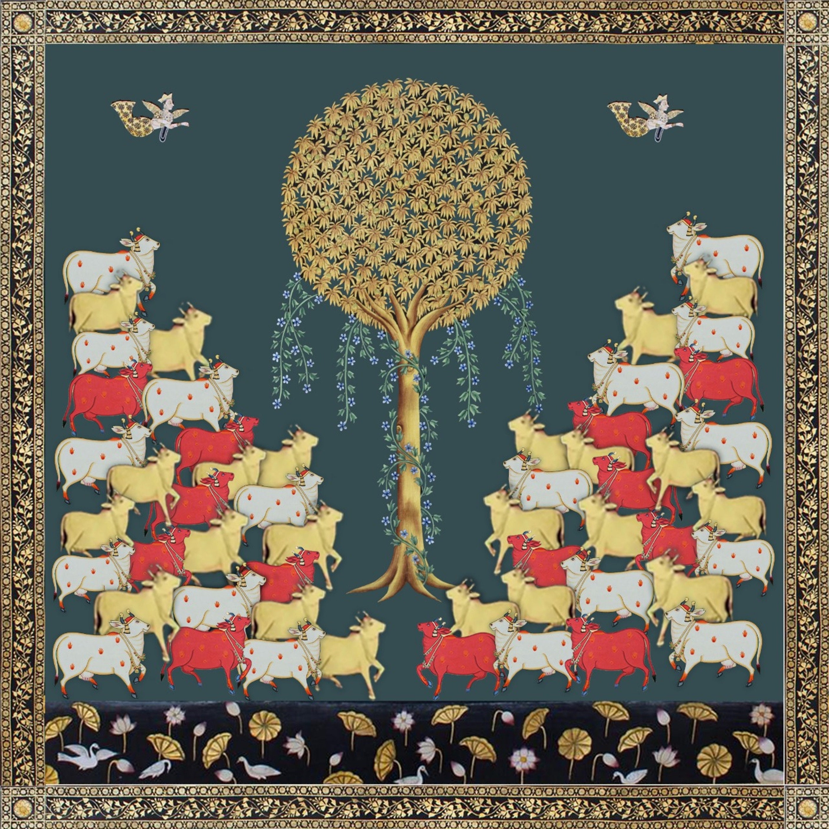 Pichwai Painting of Real Gold Work Tree With Beautiful Cows - Etsy