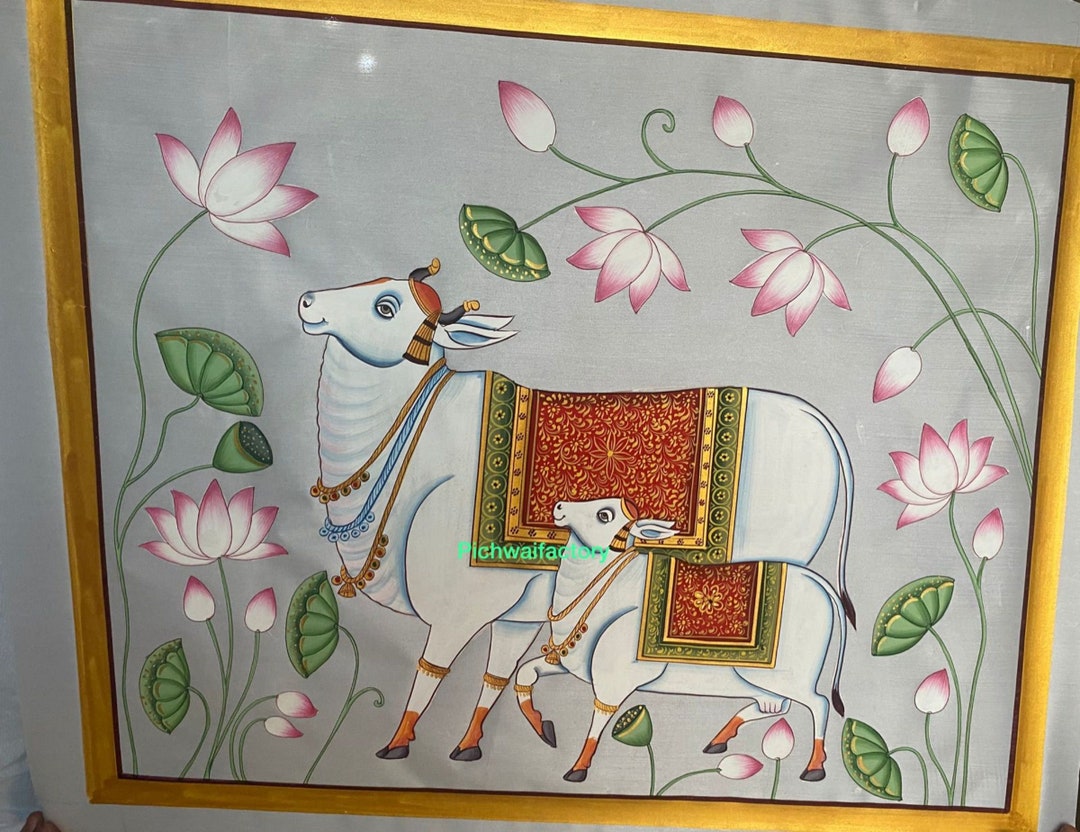 Painting Pichwai Hand Painted Cow and Calf Decorative on Cloth Kamdhenu ...