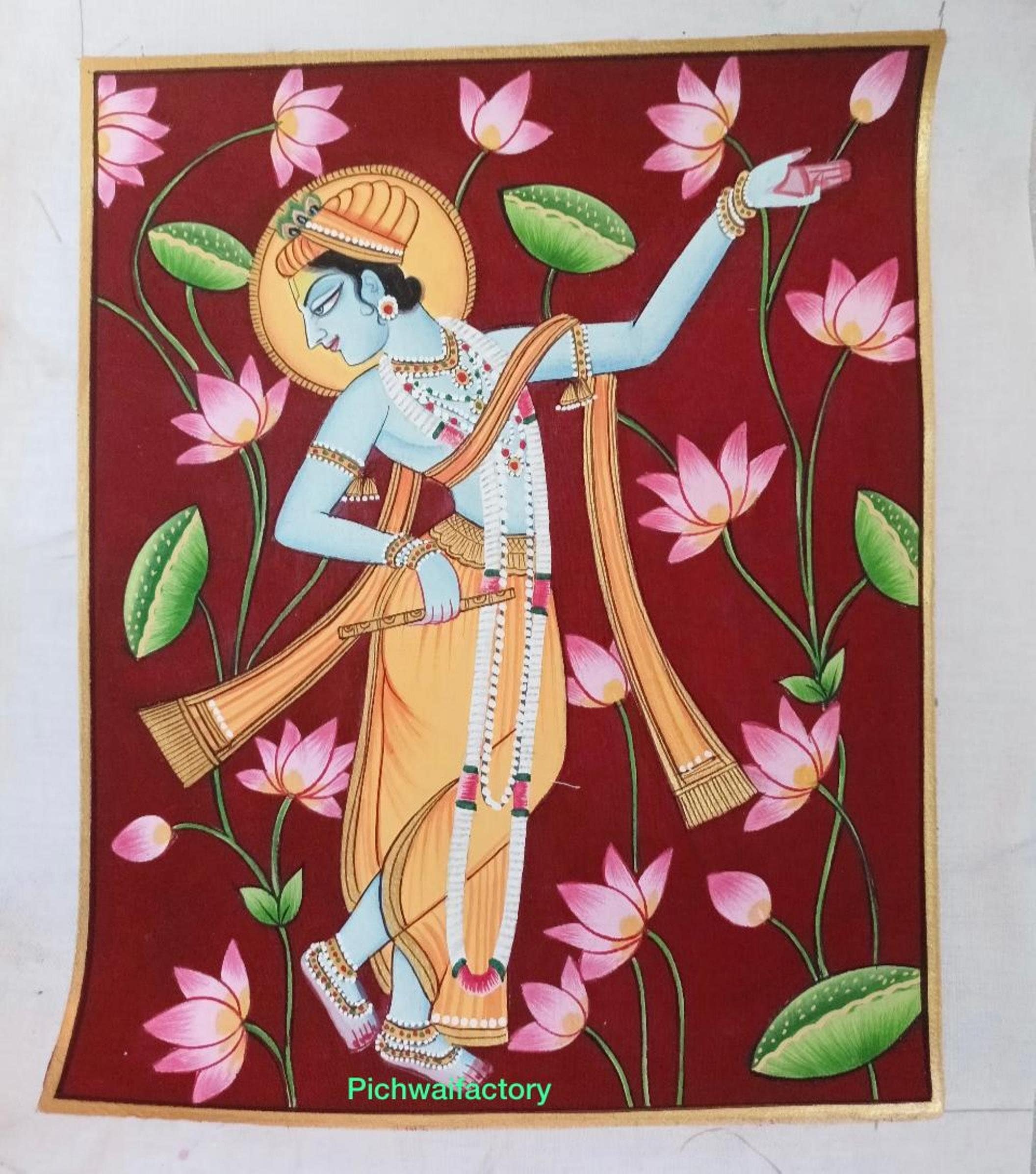 Lord Krishna Pichwai Painting Beautiful Hand Painted on Cloth Nature ...