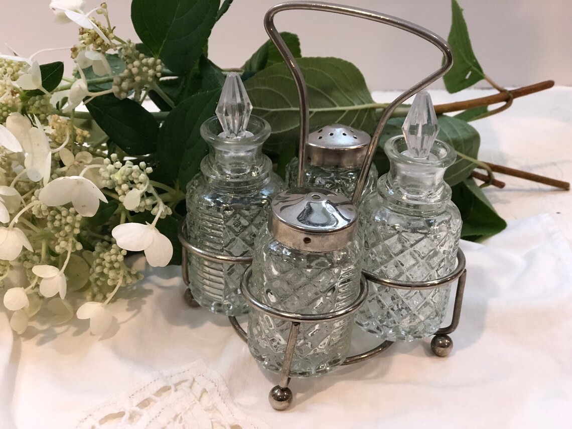 4 Piece Crystal Cruet Set in a silver caddy | Etsy