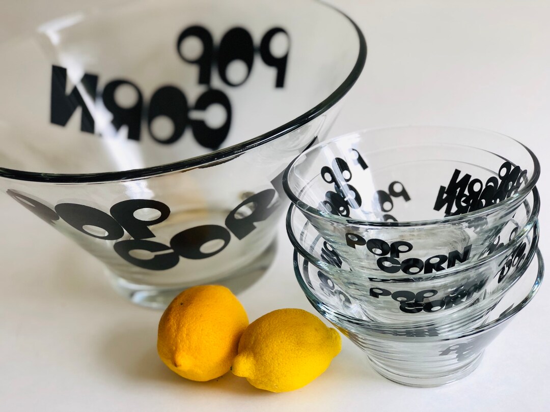 Glass Large Bowl and 4 Serving Bowls With Black ""popcorn" Writing. - Etsy