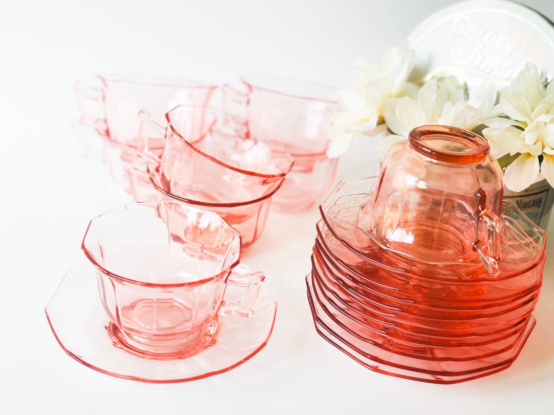 Antique Peachy-pink Depression Glass Decagon Cup & Saucer Set by the ...