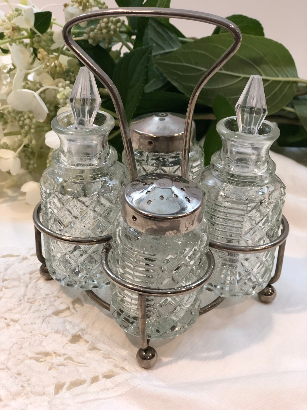 4 Piece Crystal Cruet Set in a Silver Caddy - Etsy