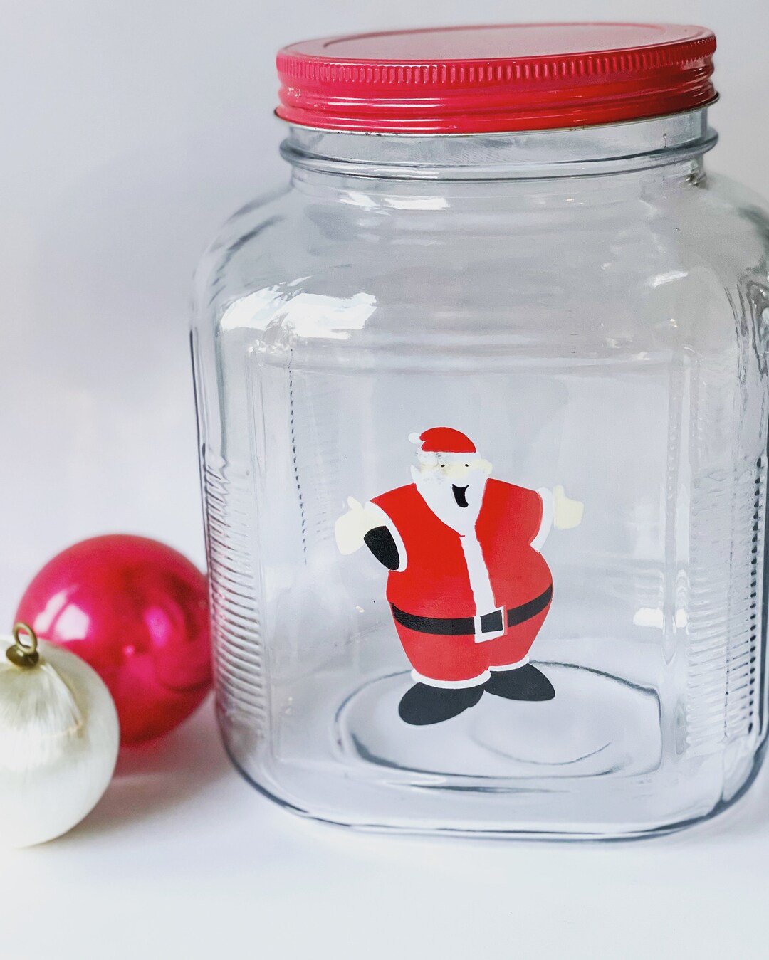 Vintage Large Hoosier Glass Canister With Red Lid and Santa Decal - Etsy