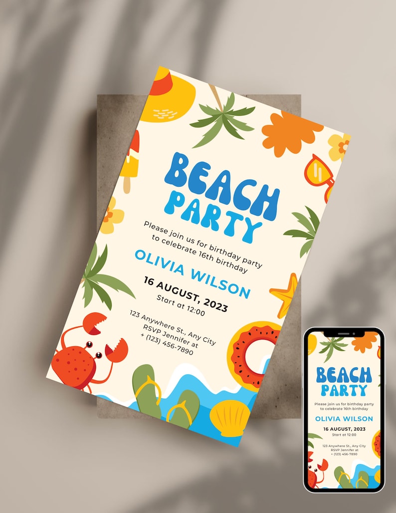 EDITABLE Beach Invitation, Beach Birthday Party Invitation, Digital ...