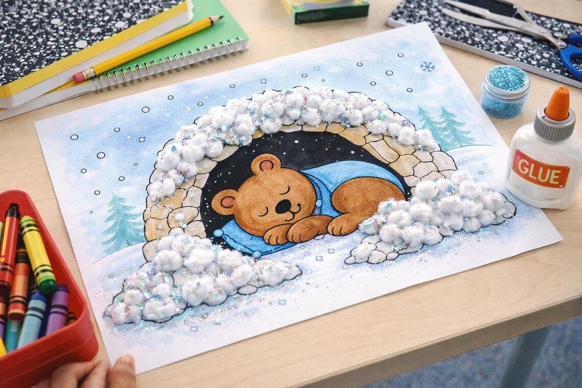 Sleepy Bear Hibernation Craft | Winter Animal Cotton Ball Art Activity ...