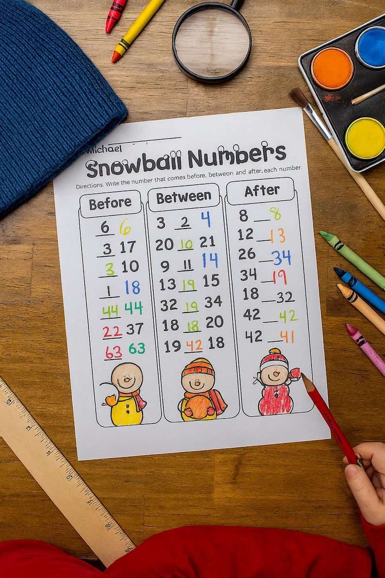 Printable Snowball Numbers Before, Between & After Worksheet for Kids ...