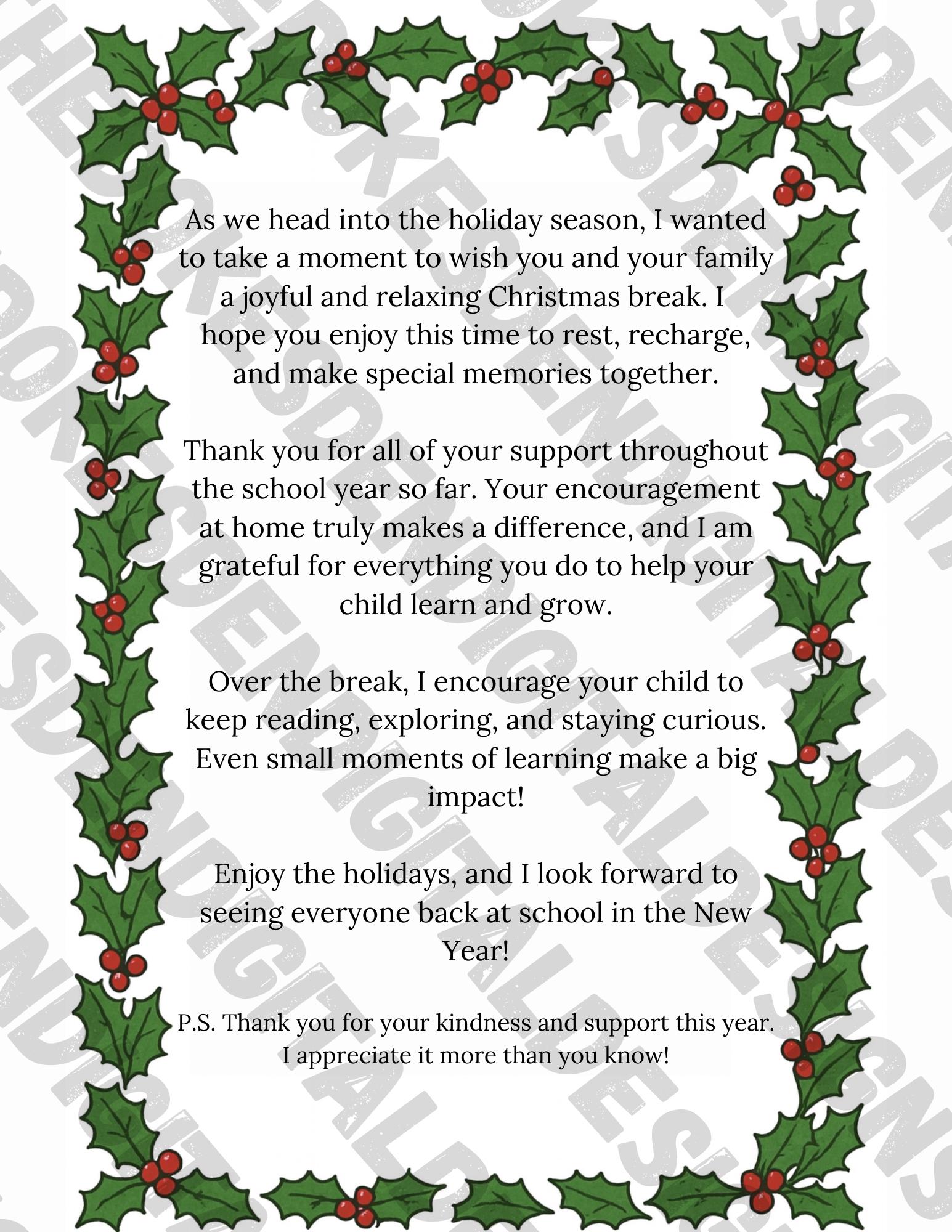 Christmas Break Letter to Families – Printable Holiday Teacher Note - Etsy