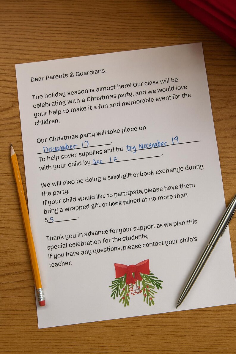 Christmas Classroom Party Parent Letter - Etsy