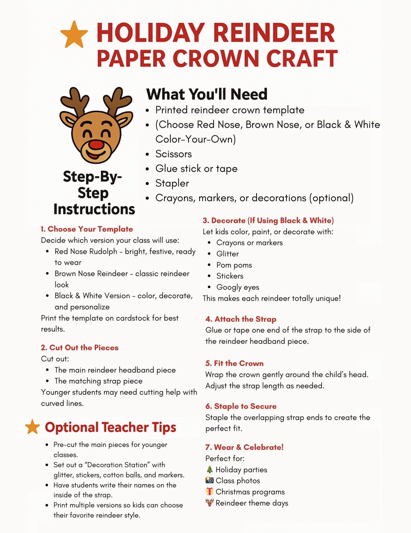 Reindeer Paper Crown Craft | Christmas Headband (PDF Pattern) - Etsy