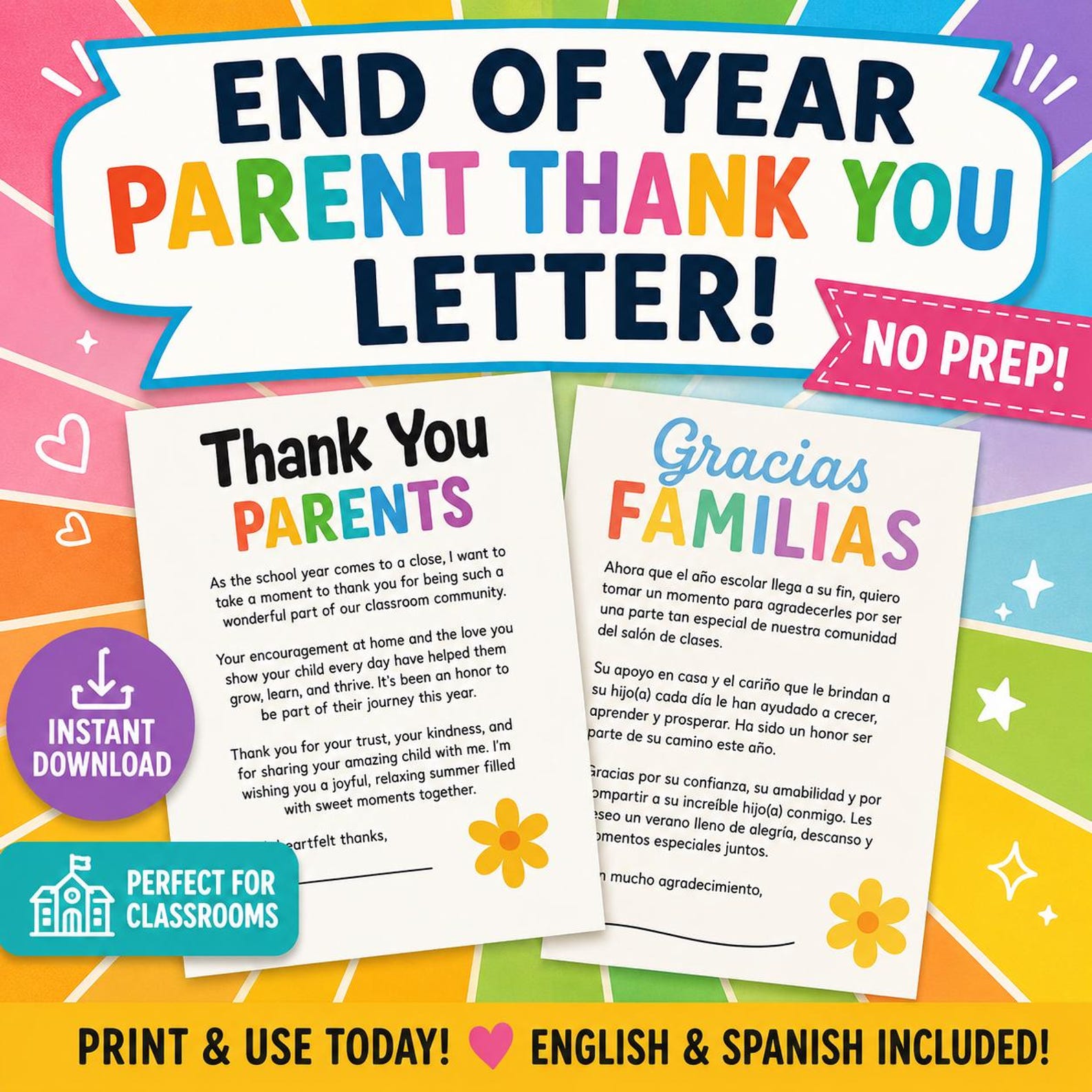 End of Year Parent Thank You Letter | English & Spanish | Bilingual ...