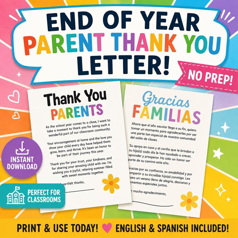 End of Year Parent Thank You Letter | English & Spanish | Bilingual ...