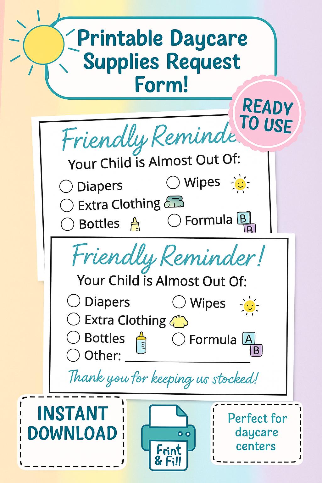 Daycare Supply Request Notes: Printable Reminder Form (instant Download ...