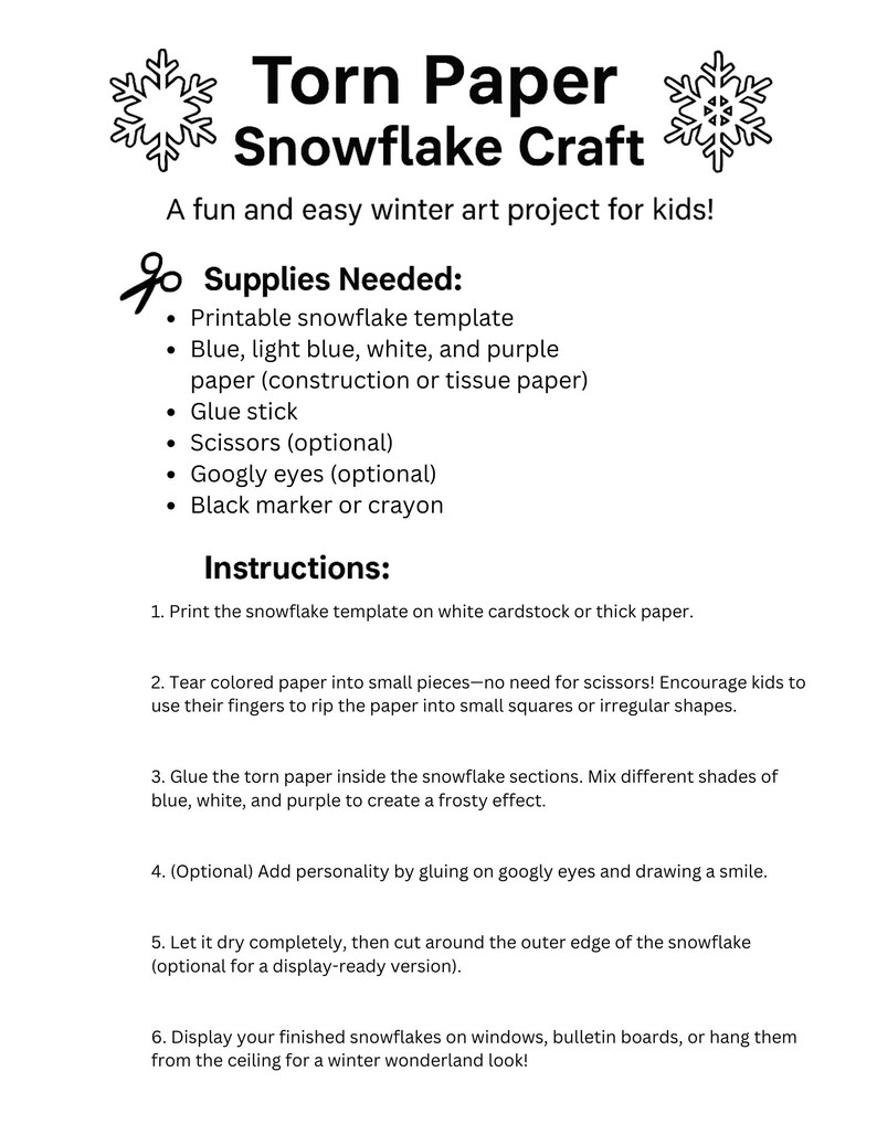 Snowflake Torn Paper Craft for Kids | Winter Fine Motor Activity - Etsy