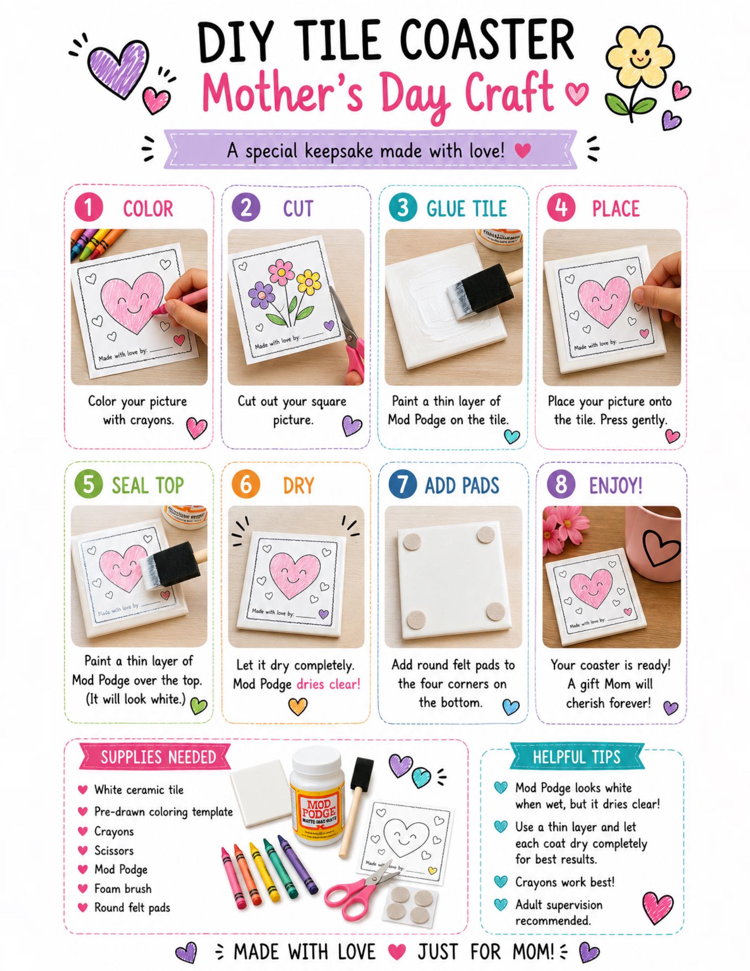 DIY Tile Coaster Mother’s Day Craft for Kids | Printable Coloring ...