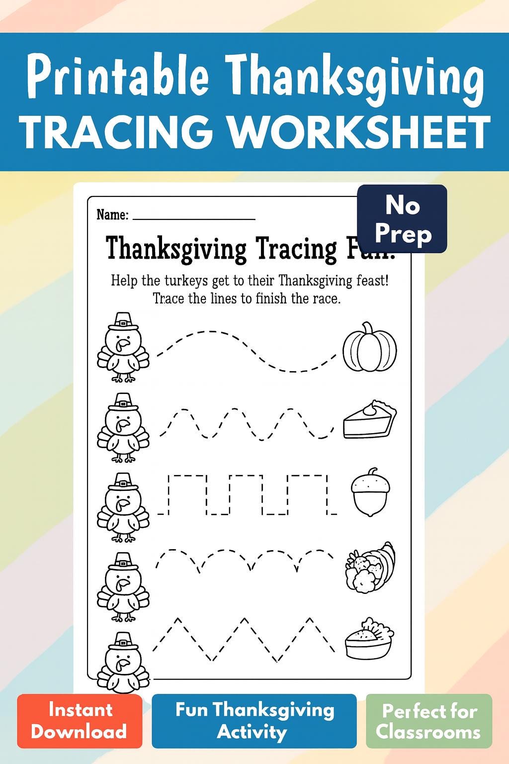 Printable Thanksgiving Tracing Worksheet for Kids | Fine Motor Pre ...