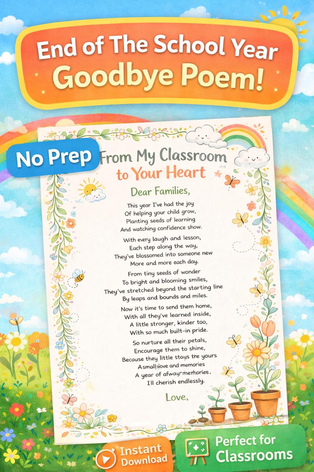 End of School Year Goodbye Poem Printable | Teacher Keepsake Letter ...