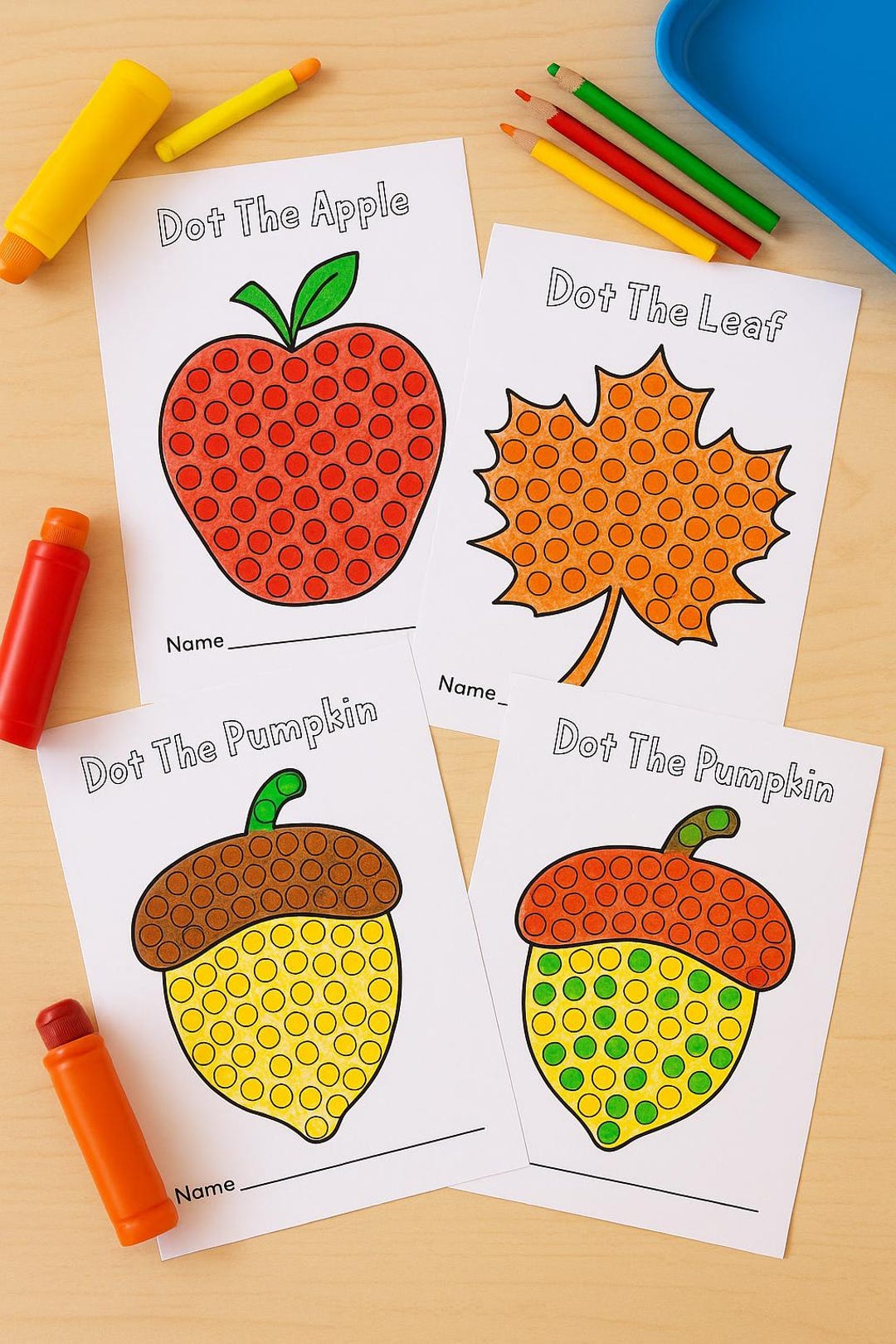 Fall Dot Marker Activity Pages: Apple, Pumpkin, Leaf, Acorn (printable ...