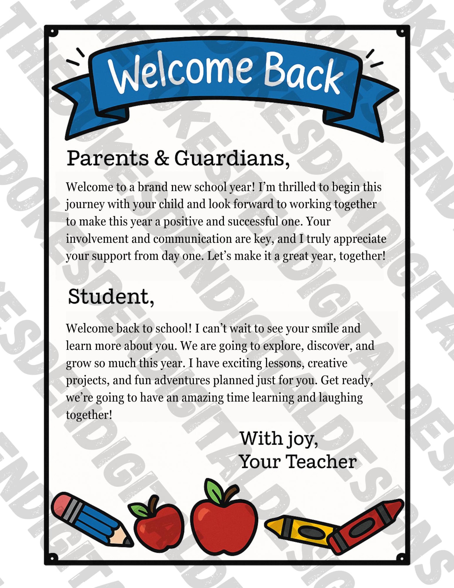 Teacher Welcome Letter Template: Back to School, Printable PDF - Etsy