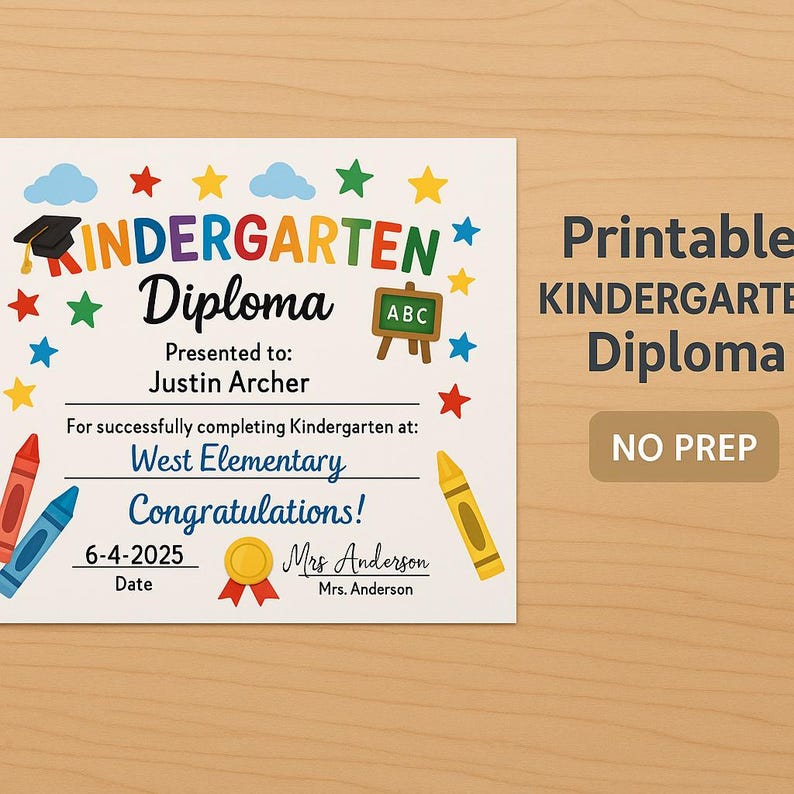 Printable Kindergarten Graduation Diploma Certificate | Digital ...