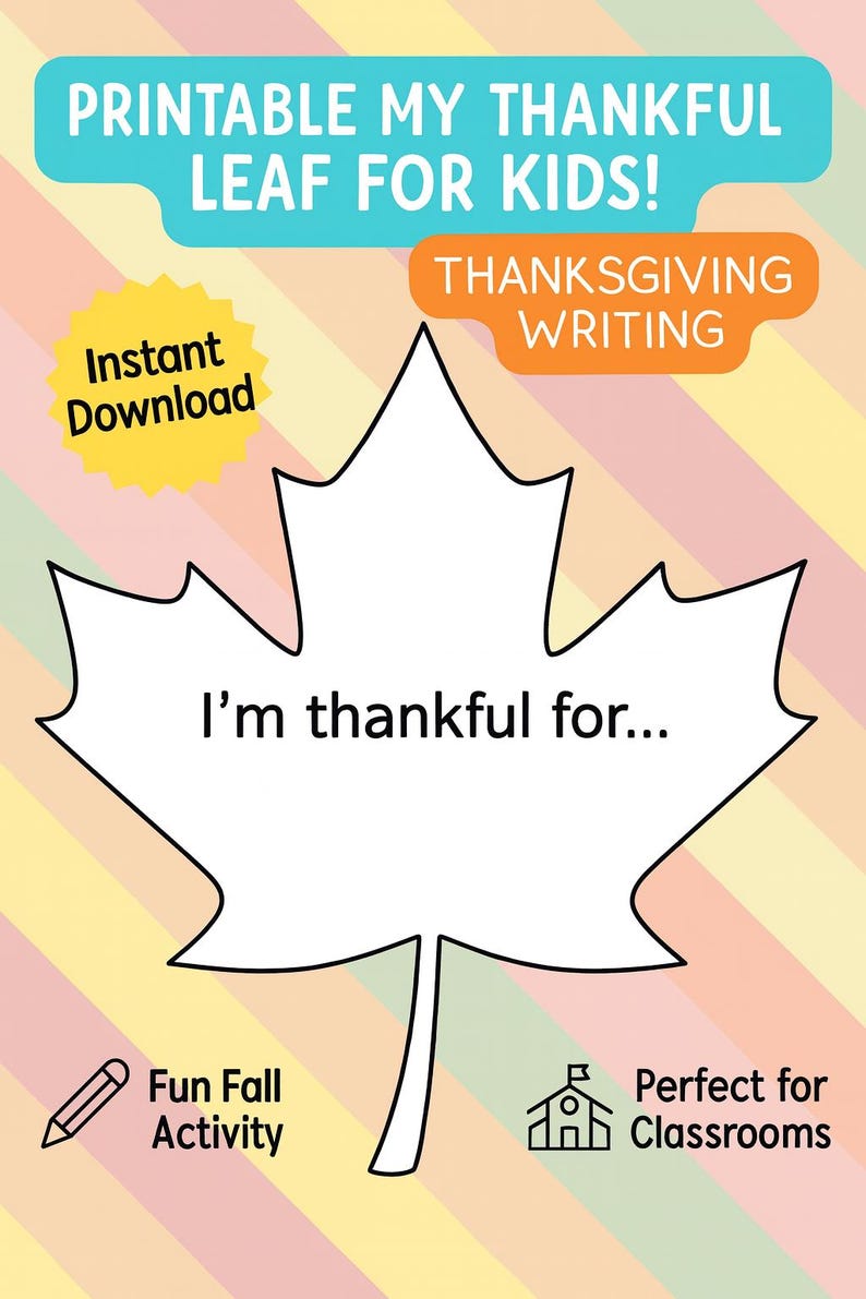 Printable My Thankful Leaf Worksheet for Kids - Etsy
