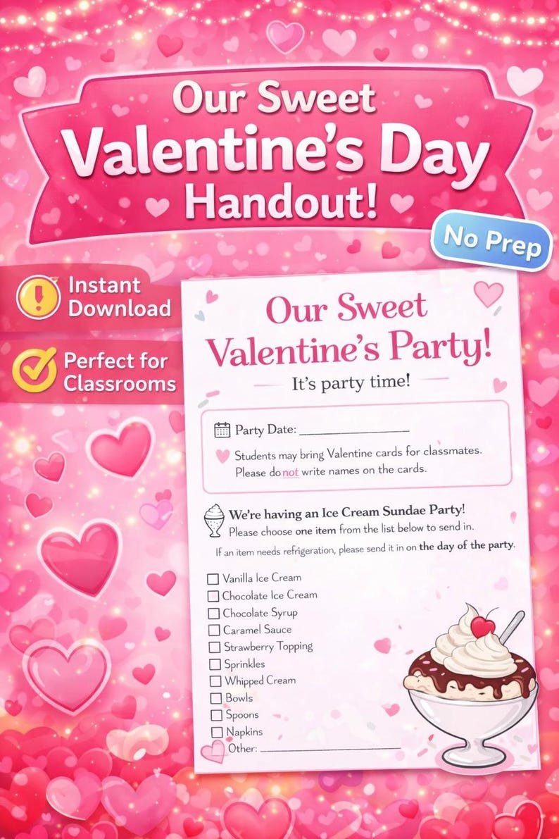 Valentine’s Day Ice Cream Sundae Party Handout for Classrooms - Etsy