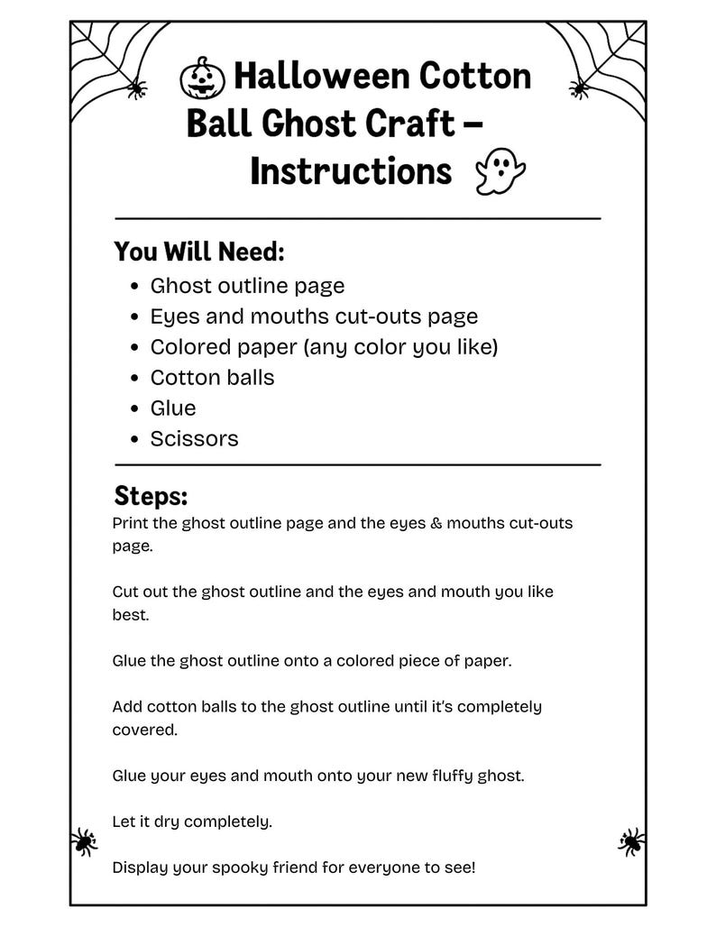 Cotton Ball Ghost Craft: Printable Halloween Activity for Kids (PDF ...