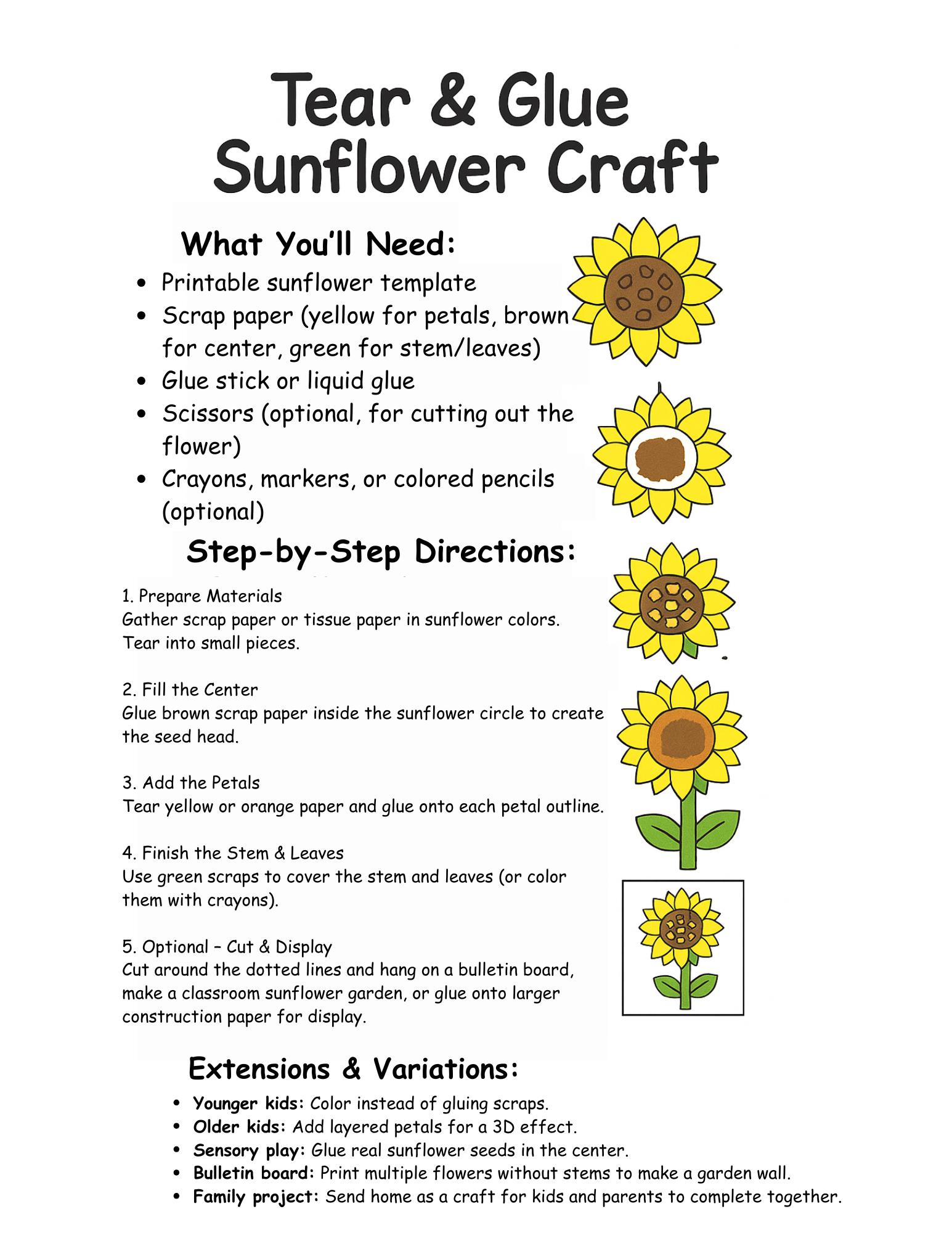 Sunflower Craft | Tear and Glue Scrap Paper Project (printable) - Etsy