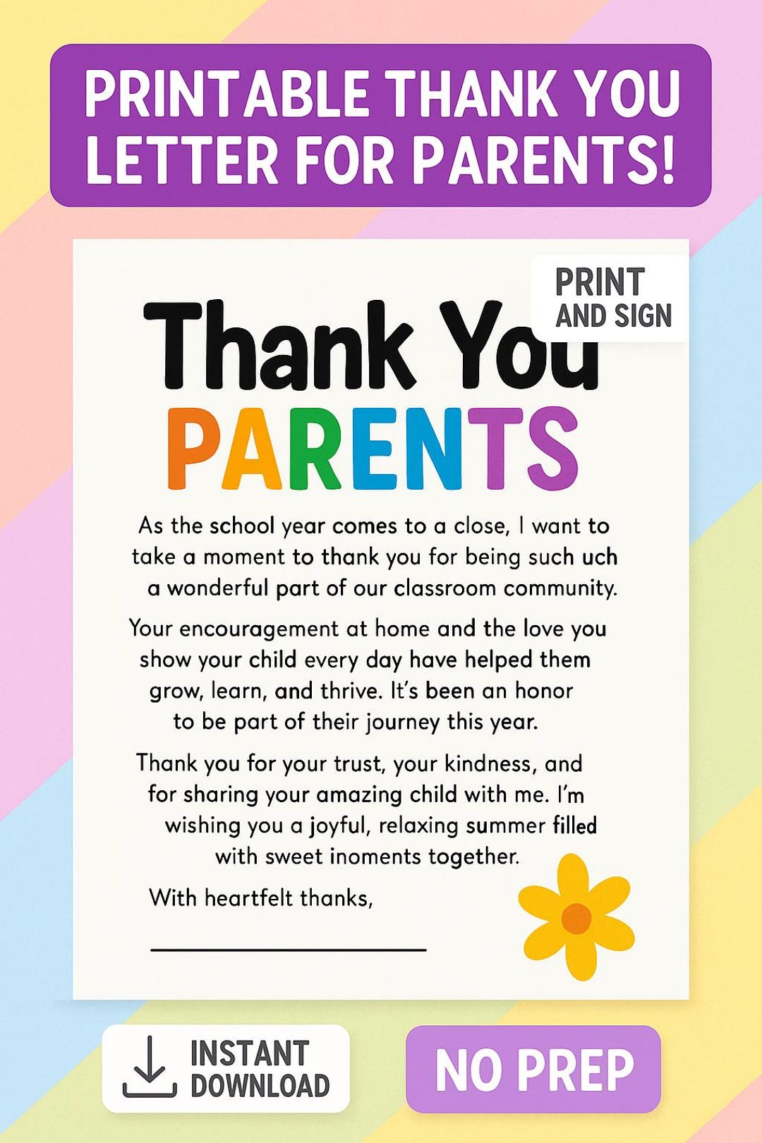 End of Year Parent Thank You – Heartfelt Printable Note - Etsy