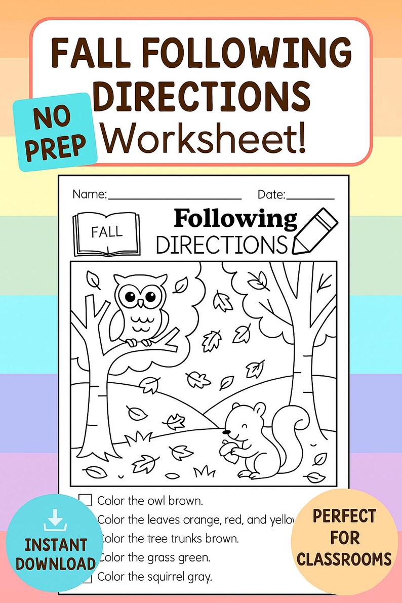 Fall Following Directions Worksheet for Kids - Etsy